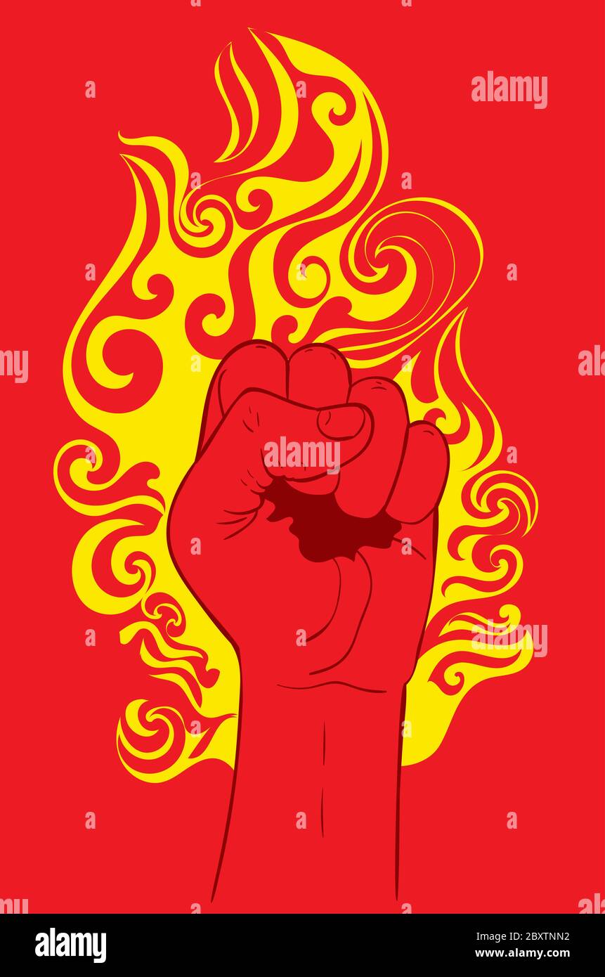 Abstract fist raised up inside of burning flame illustration Stock ...