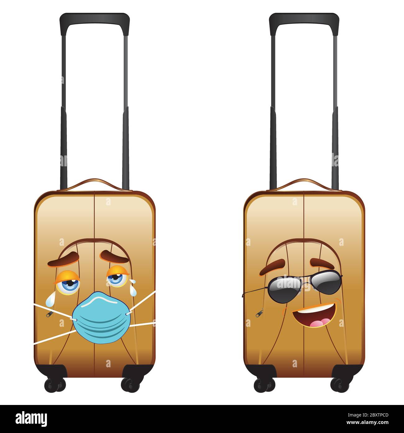 Traveling suitcase cry in face mask and happy in sunglasses ...