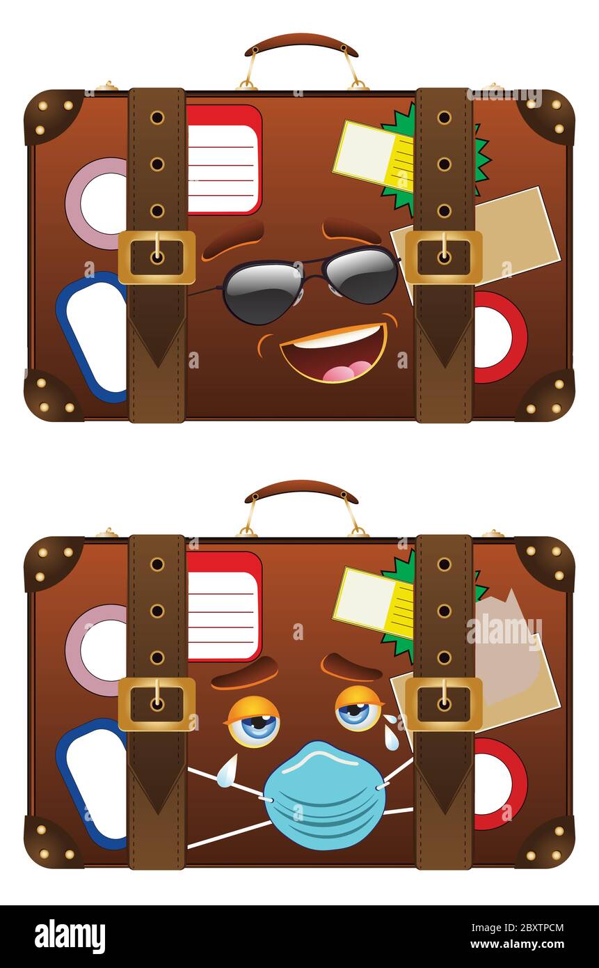 Retro traveling suitcase happy and unhappy character illustration Stock ...