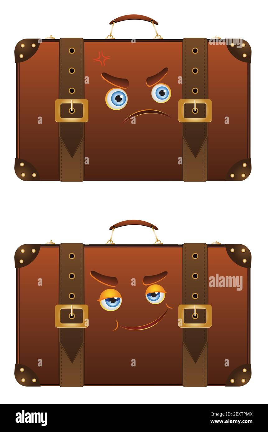 Retro traveling suitcase happy and unhappy character illustration Stock ...