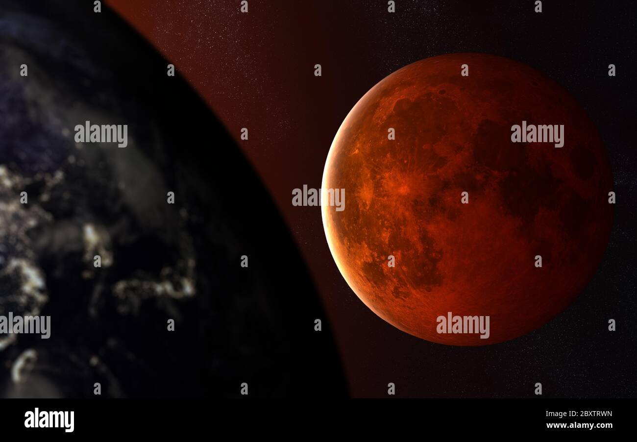Red Moon behind the planet Earth. Solar system. Isolated on a cosmic ...