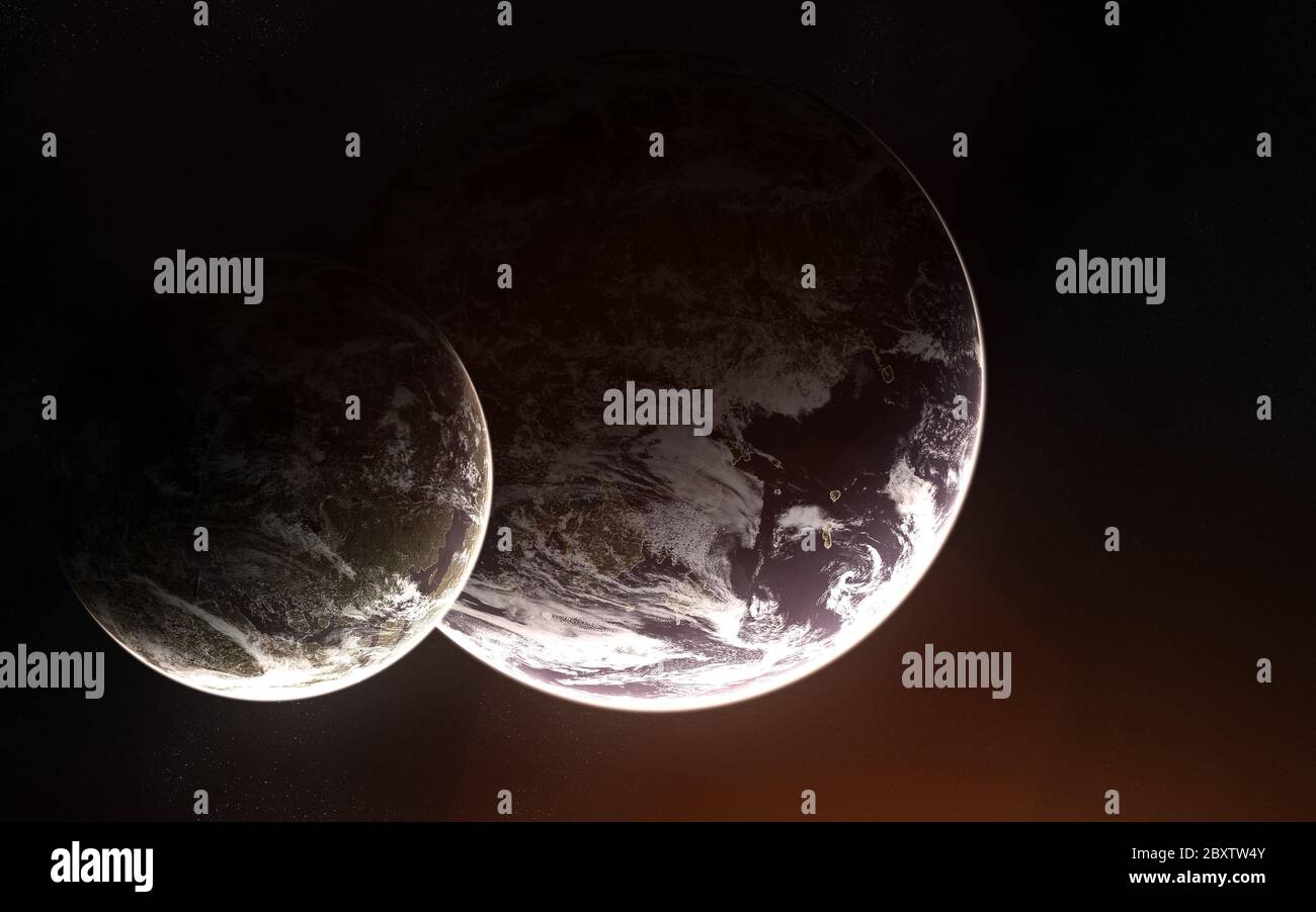 Two exoplanets with an atmosphere in deep space Stock Photo - Alamy