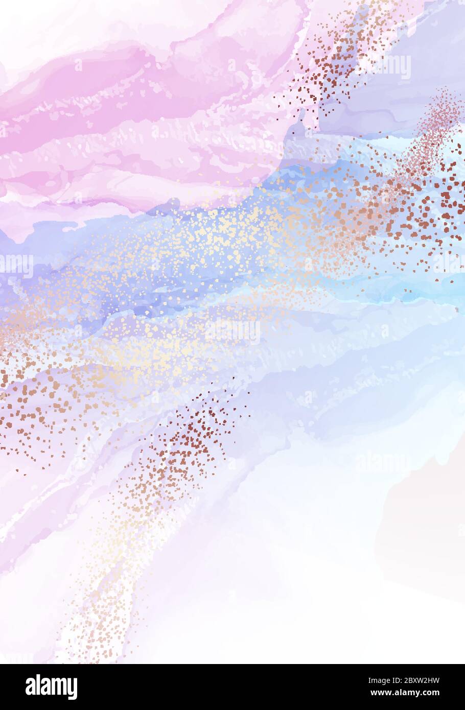 Hologram tender pink violet ink, watercolro swirls, alcohol ink dynamic shape with golden ...