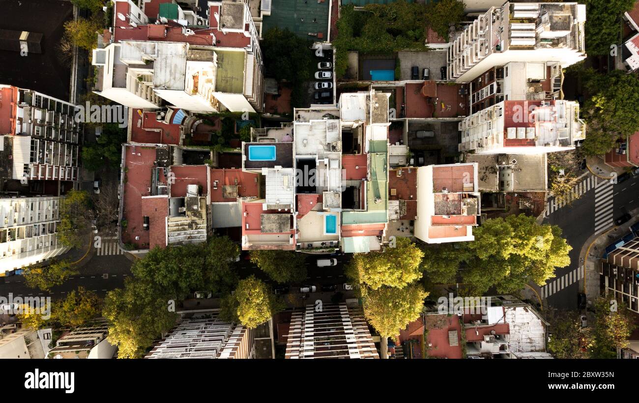 Aerial view of rooftops in different colors, height, surroundings ...