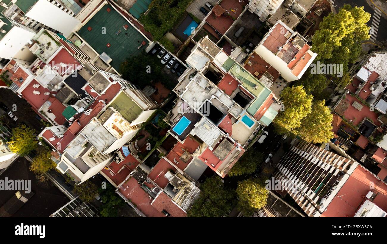 Aerial view of rooftops in different colors, height, surroundings ...