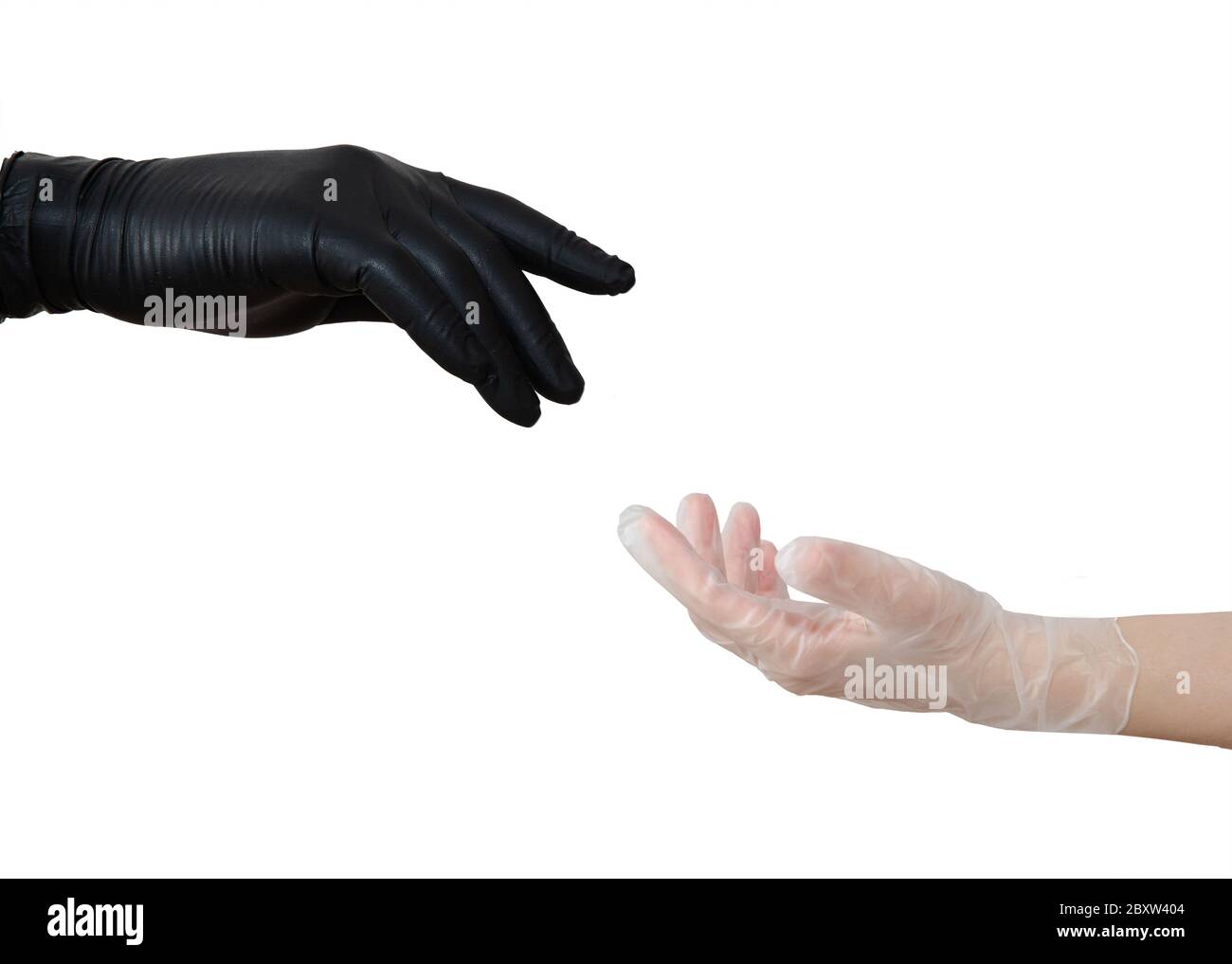 Two hands in sterile gloves stretch to each other. Hands in black ...