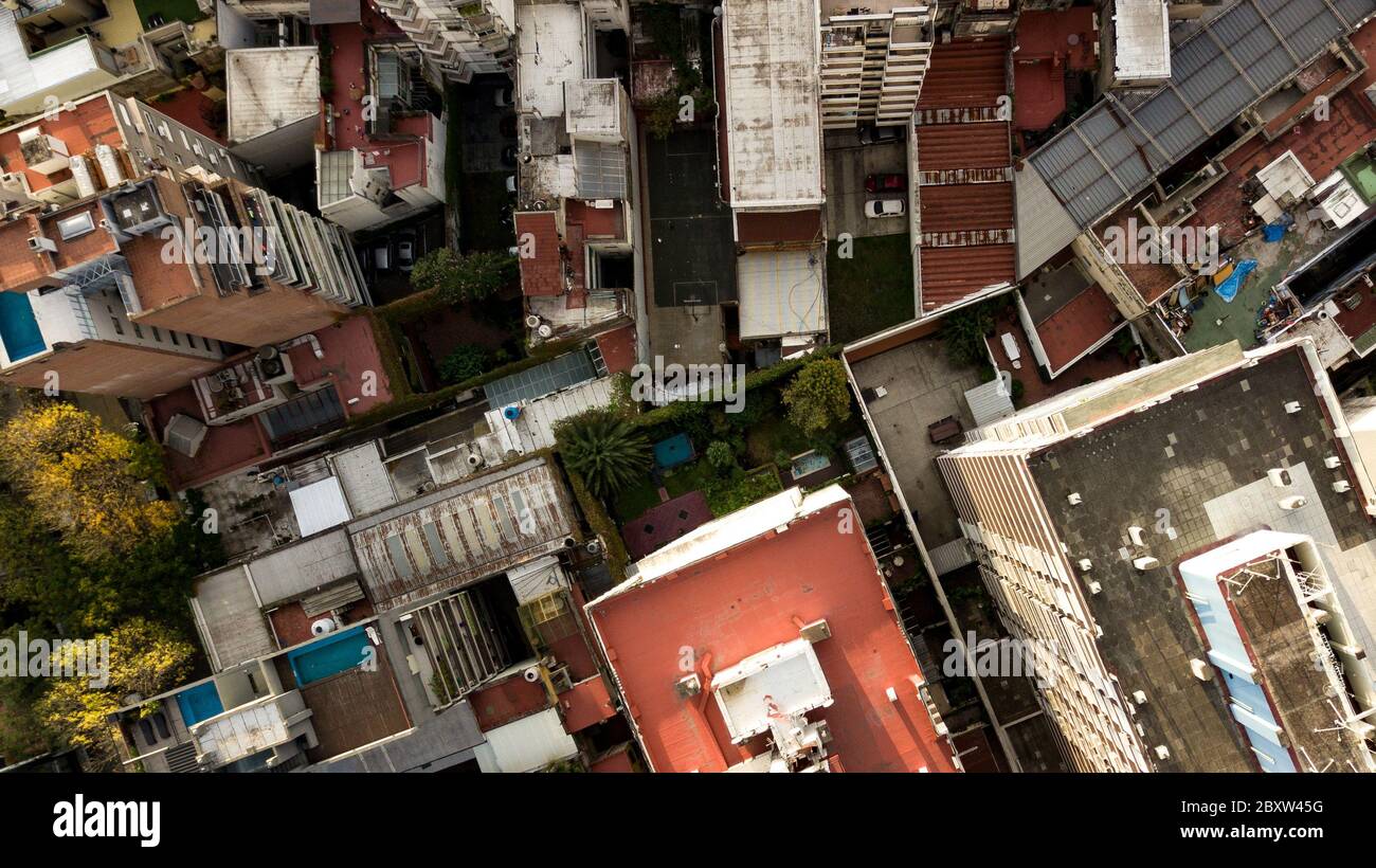 Aerial view of rooftops in different colors, height, surroundings ...