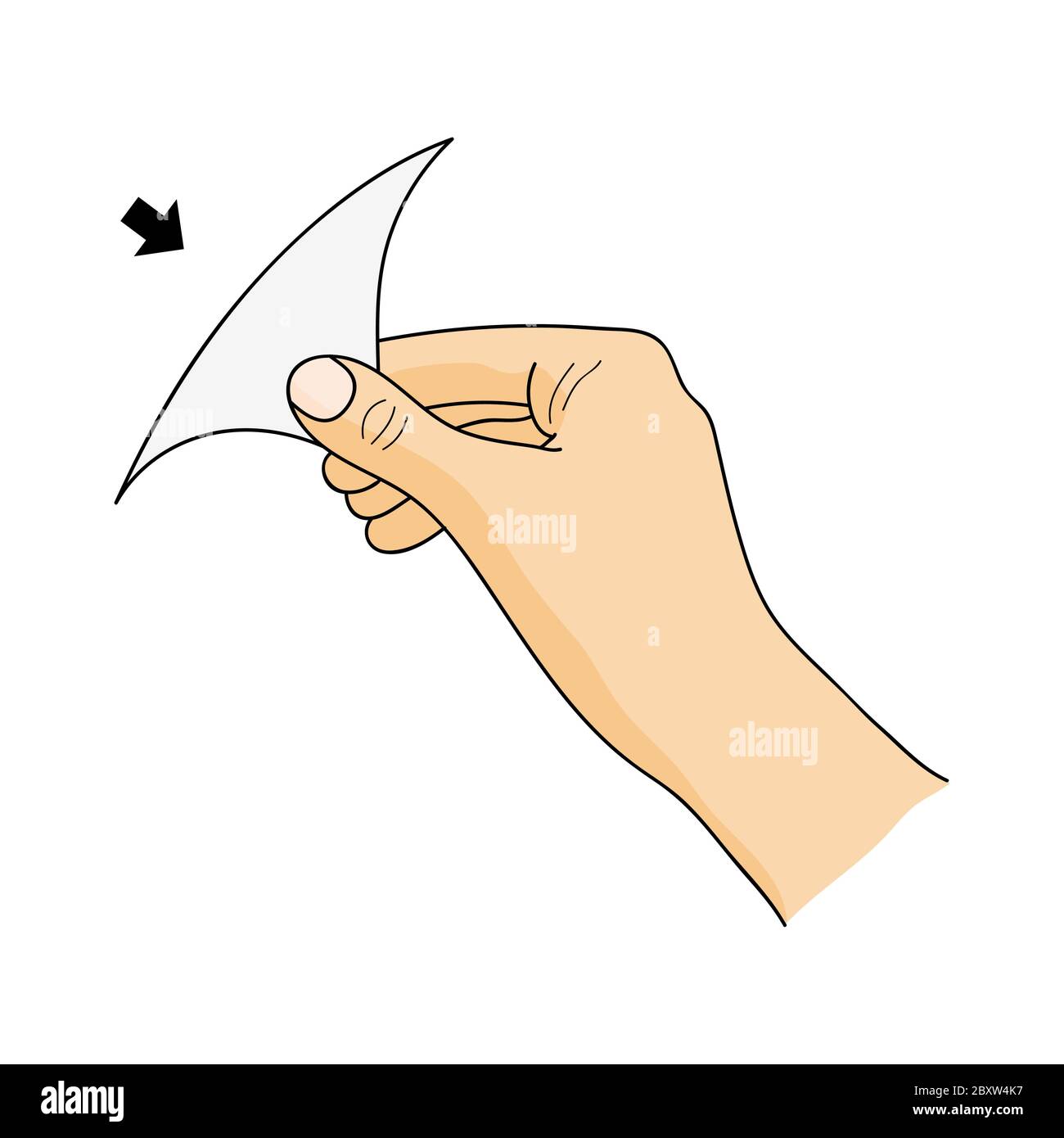 Open here colored icon. A hand removing a label from the product ...