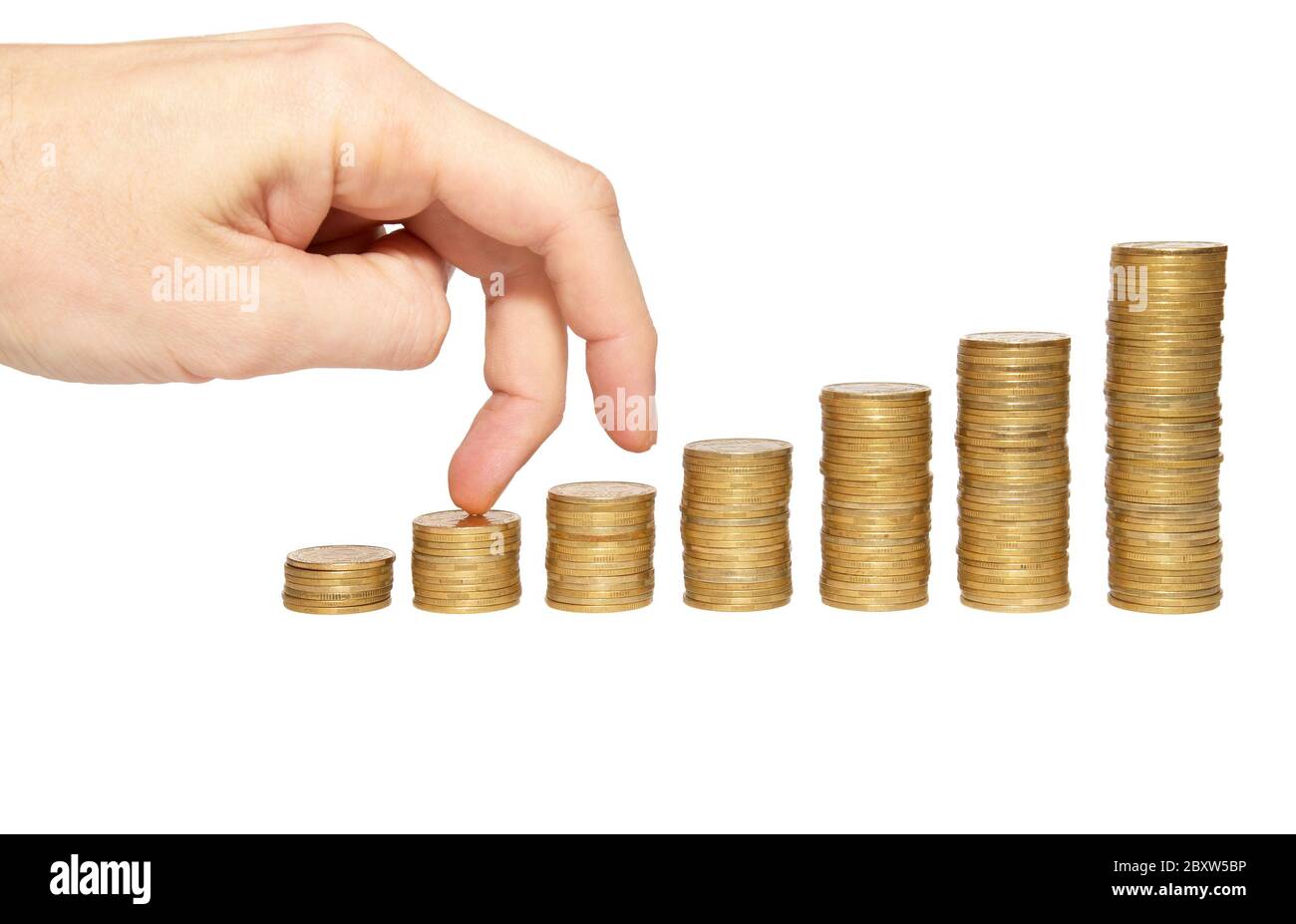 Climbing hand on gold coin staircase isolated on white Stock Photo - Alamy