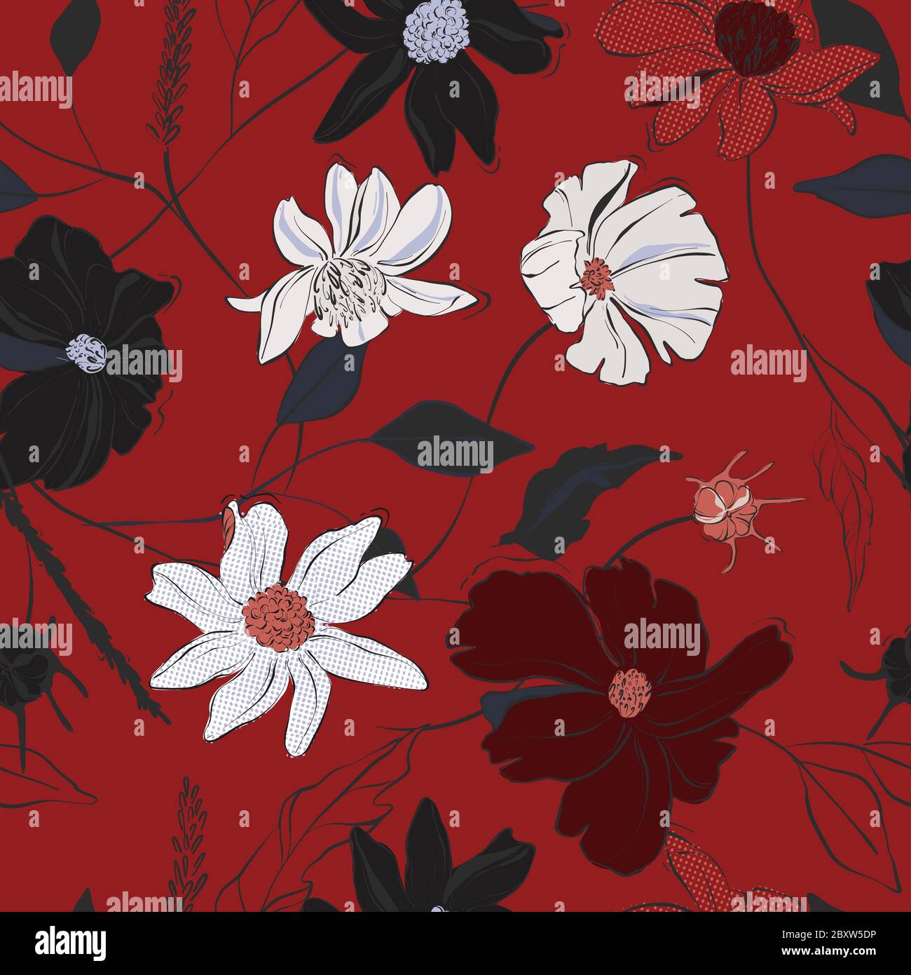 Red floral bloom vector, hand-drawn beautiful illustration pattern with ...
