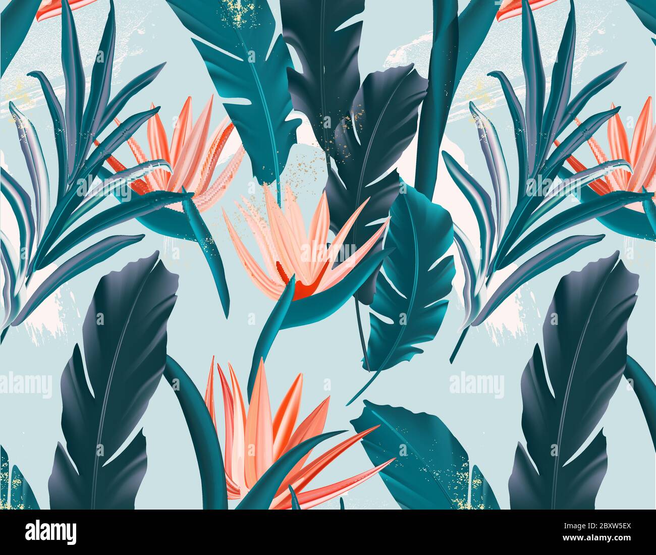 Vector colorful pattern with blue orange tropical leaves on blue ...