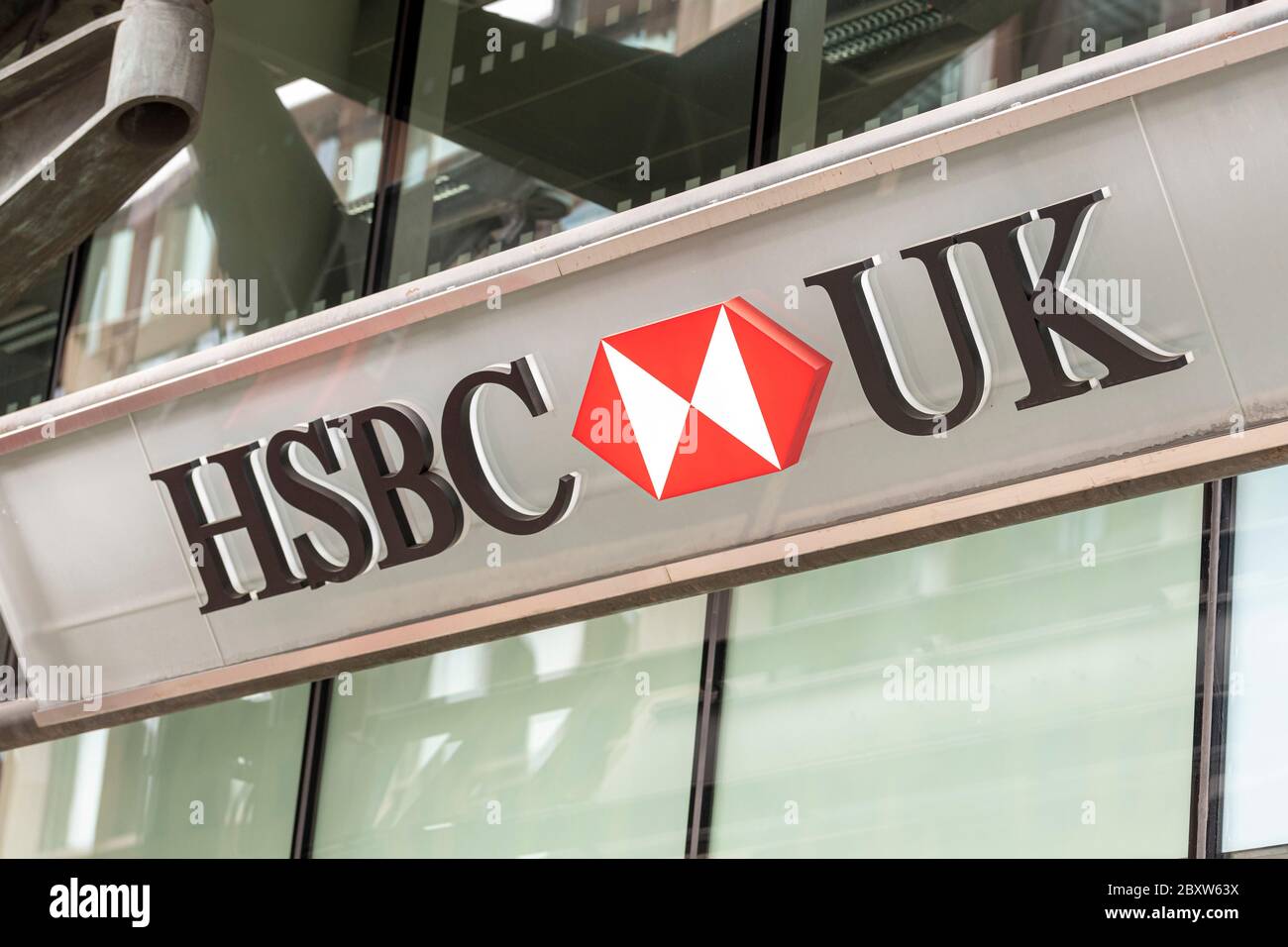 London, UK. 4th June, 2020. HSBC Bank logo seen one at one of their ...