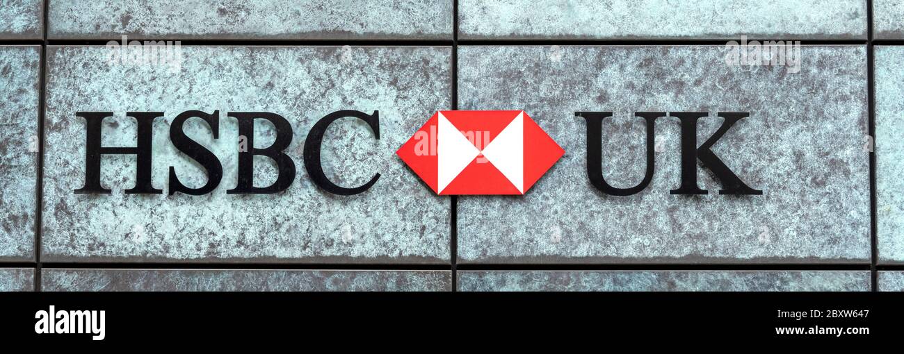 London, UK. 4th June, 2020. HSBC Bank logo seen one at one of their ...