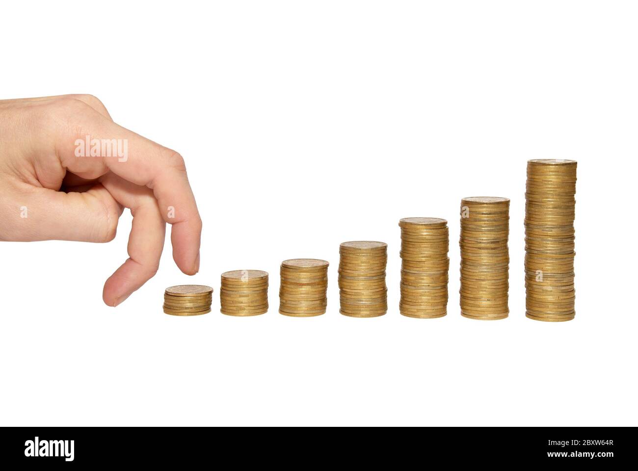 Climbing hand on gold coin staircase Stock Photo - Alamy
