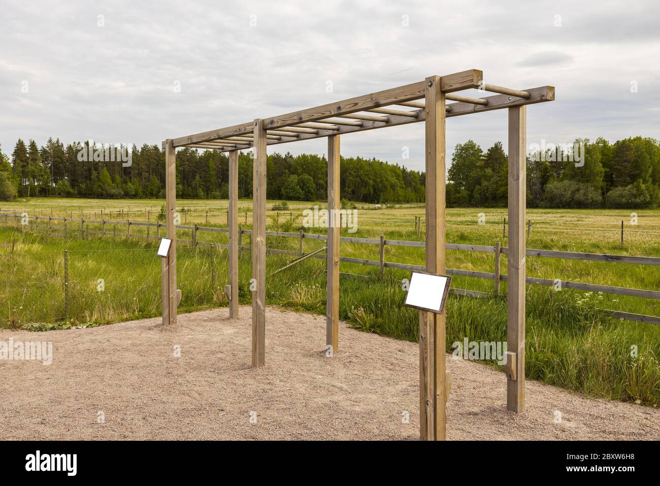 View of outdoor gym Sweden on green grass lawn background. Healthy life ...