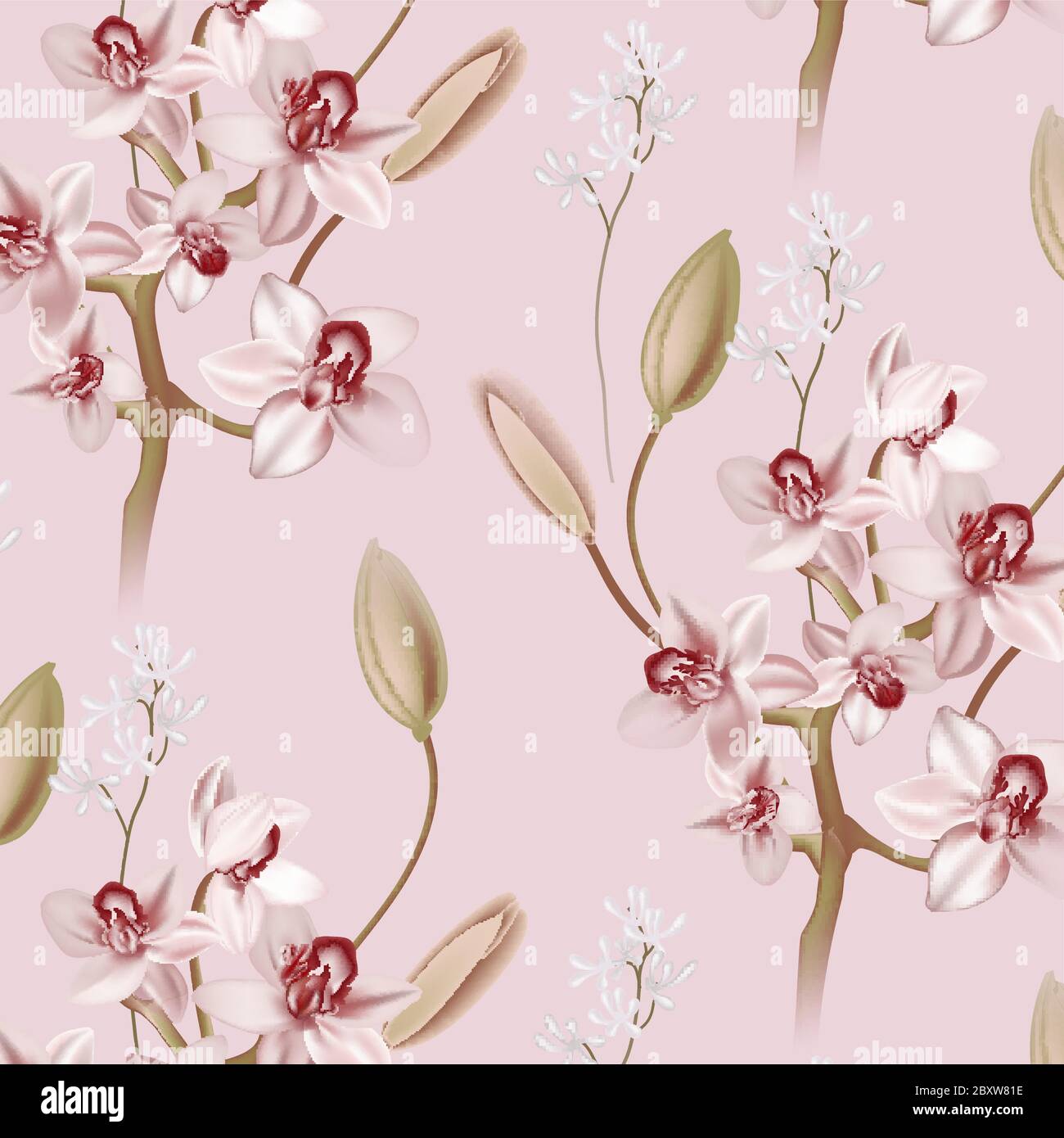 Pink ochid floral pastel realisitic pattern background. Vector bouquet ...