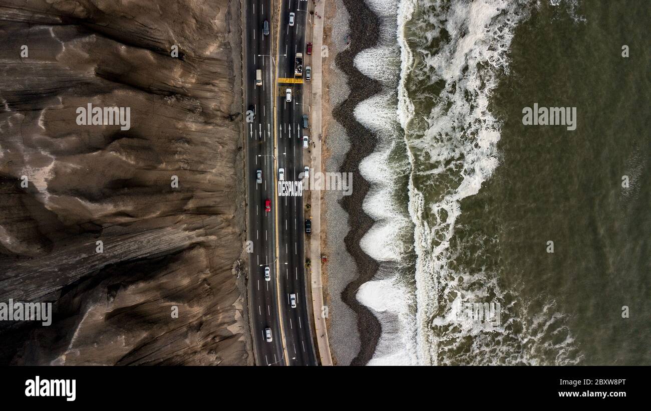 Aerial photo of the highway next to the Pacific Ocean in Lima, Peru ...