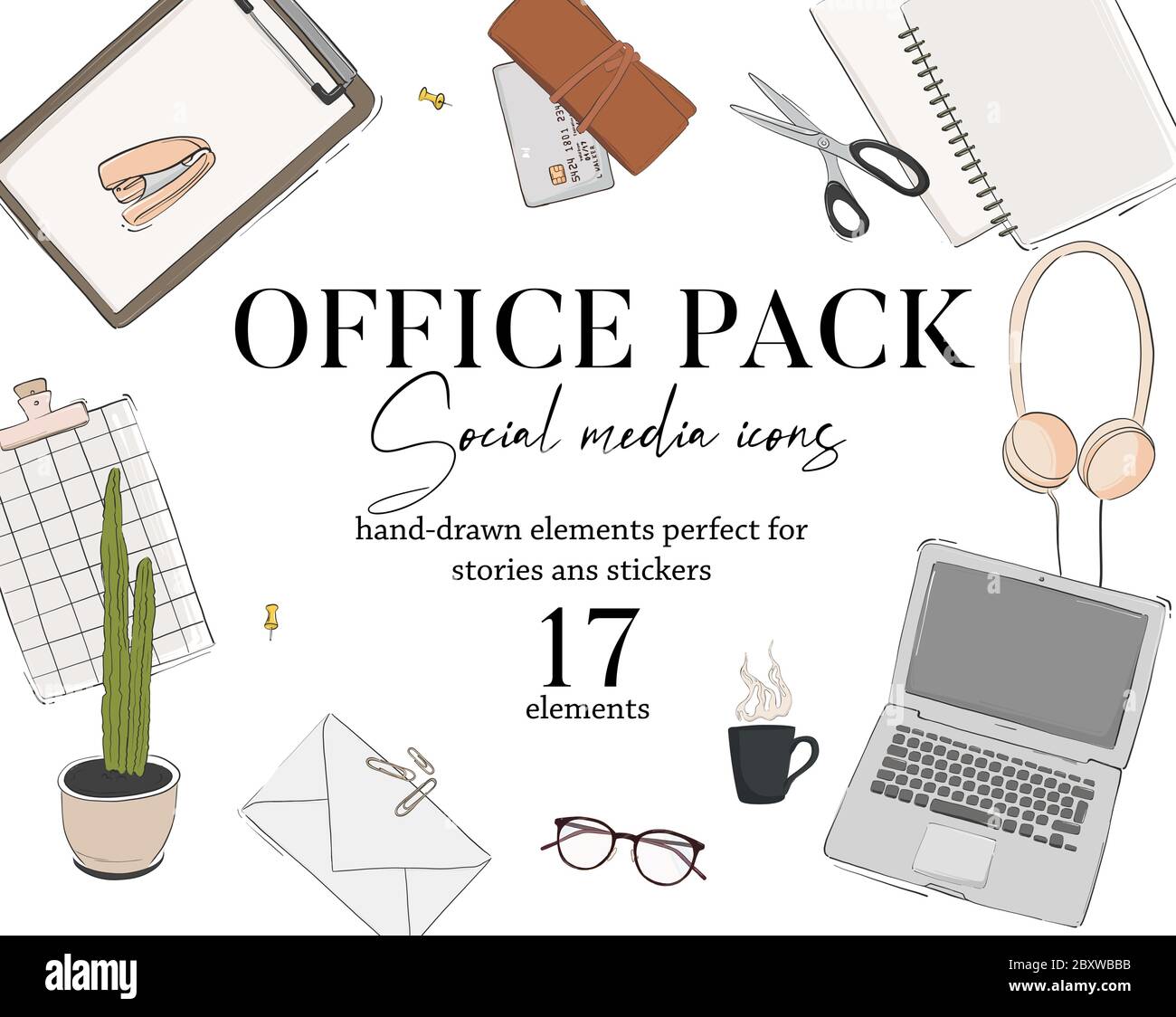 Modern hand-drawn office ack icons: headphones, laptop, notebook, files ...