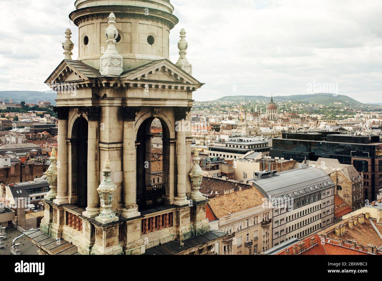 Basilica of Saint Stephen, one of the small towers over cityscape of ...