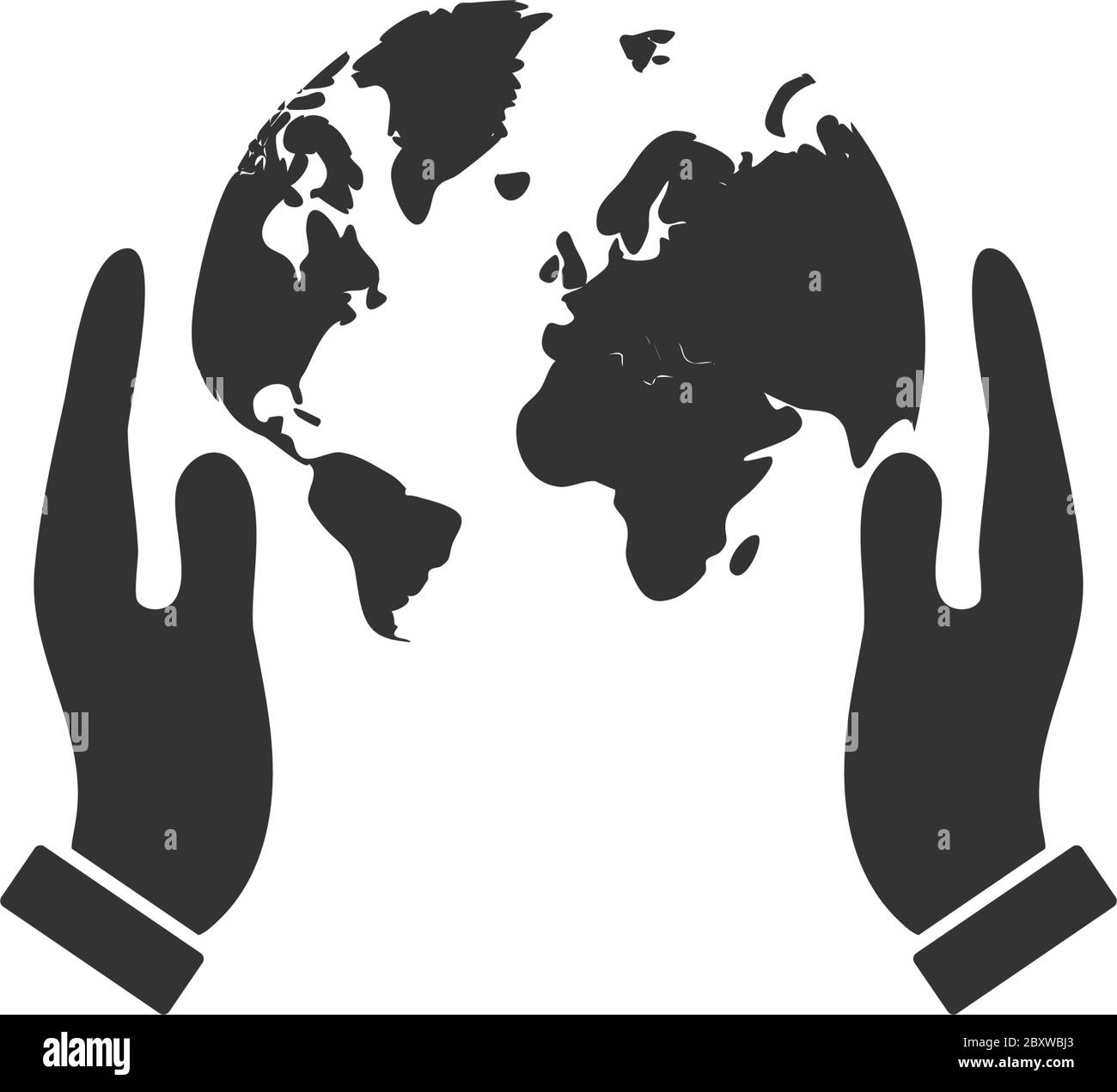 Hands holding globe earth. Black Icon Flat on white background Stock ...