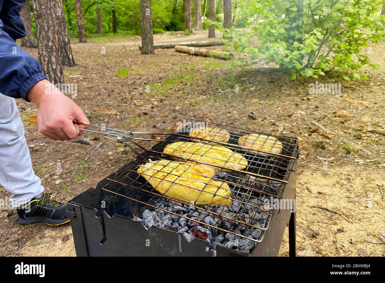 Grilling season in nature open. Man fries raw chicken on grill. Picnic ...