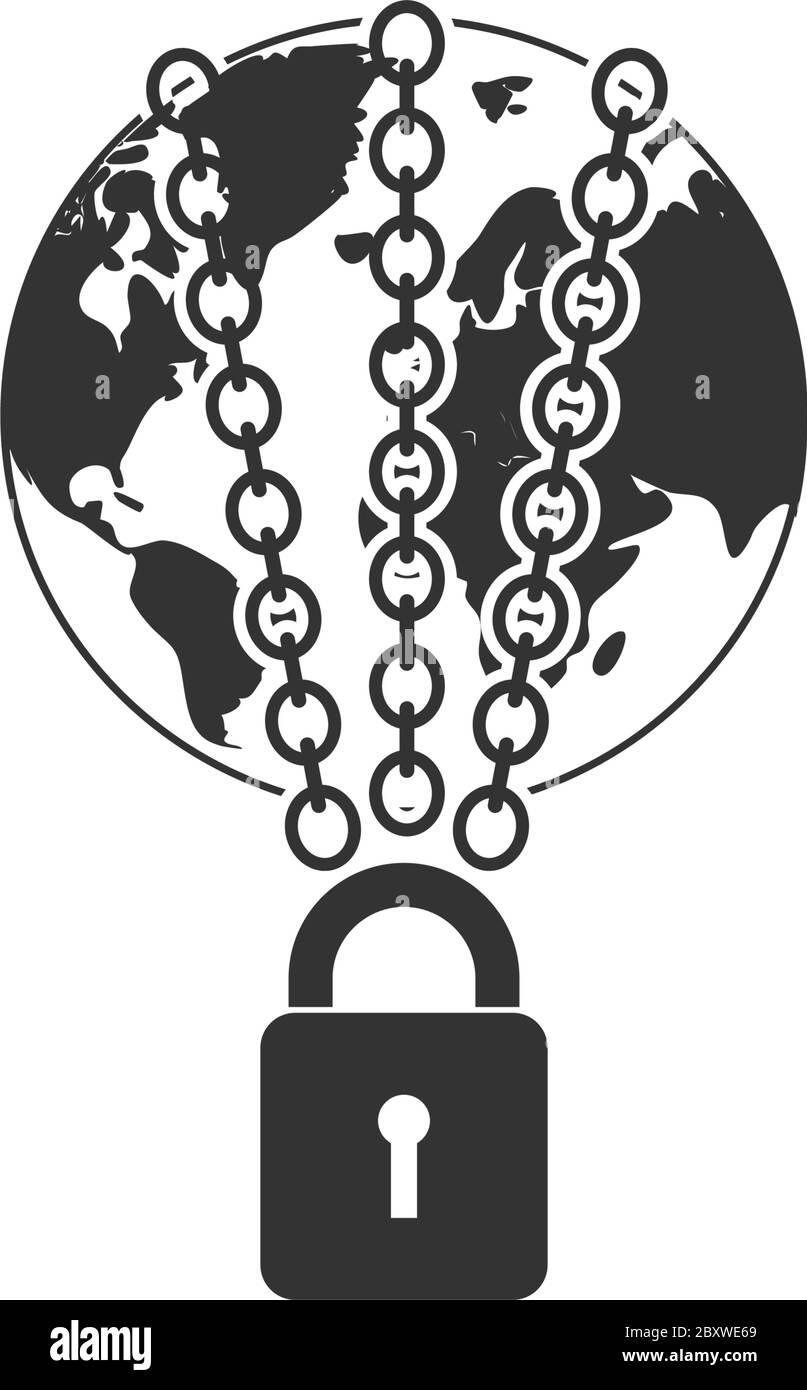 Earth globe in strong chain. Black Icon Flat on white background Stock ...