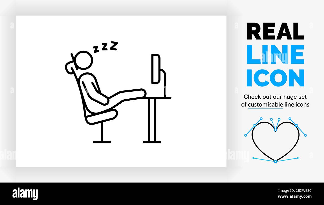 Editable real line icon of an employee stick figure sleeping on the job ...
