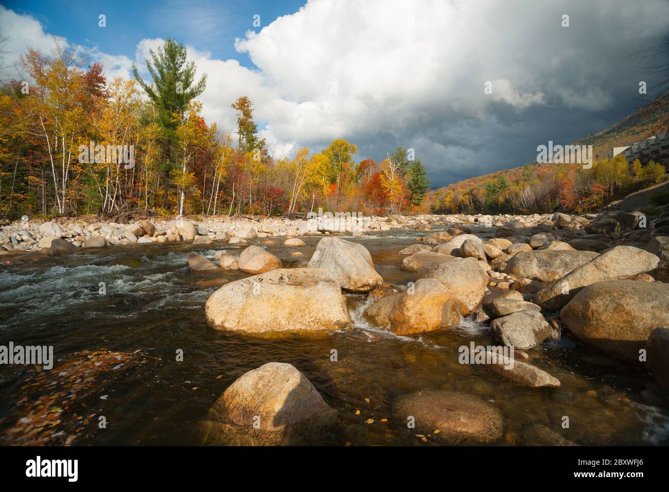 Rugged and picturesque Pemigewasset River at base of Loon Mountain ...