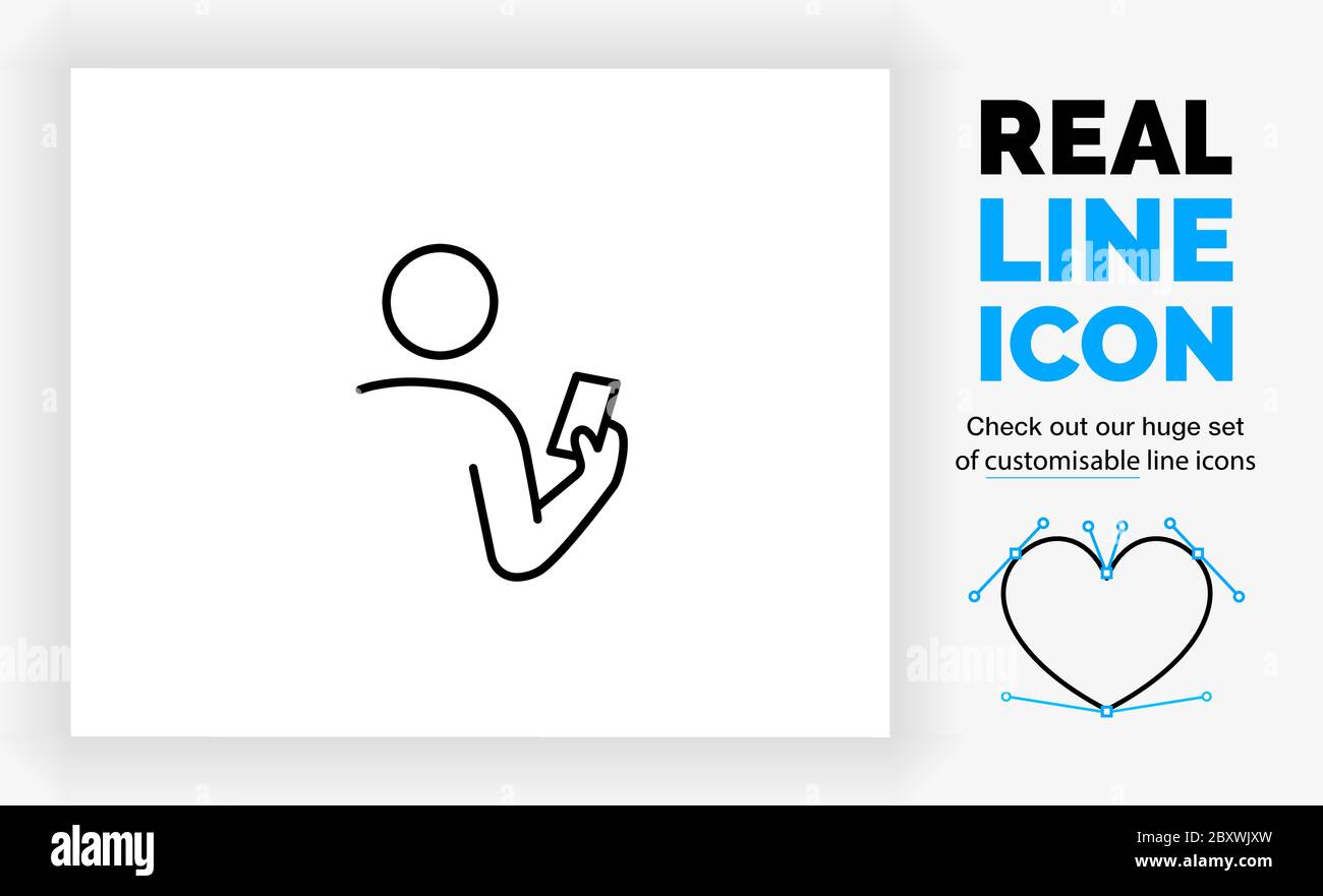 editable real line icon of a stick figure person on his mobile phone ...