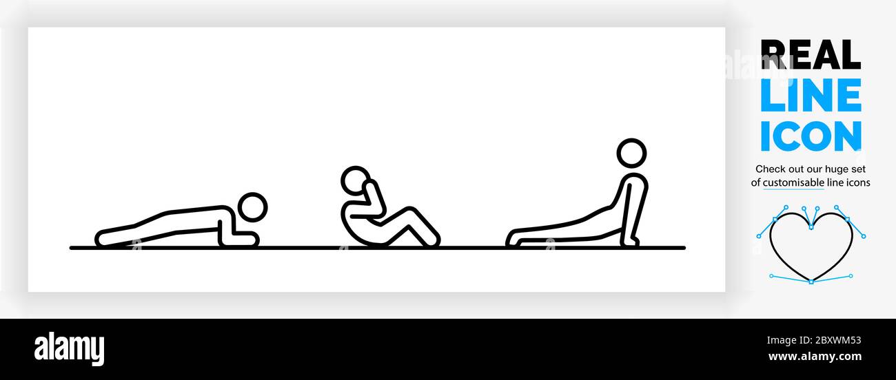 Editable real line icon of a stick figure person staying fit at home by ...