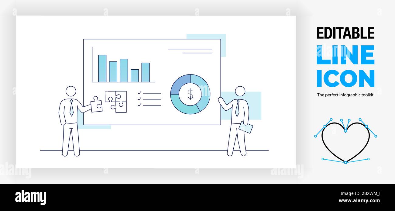 Editable blue line illustration of three business stick figure people ...