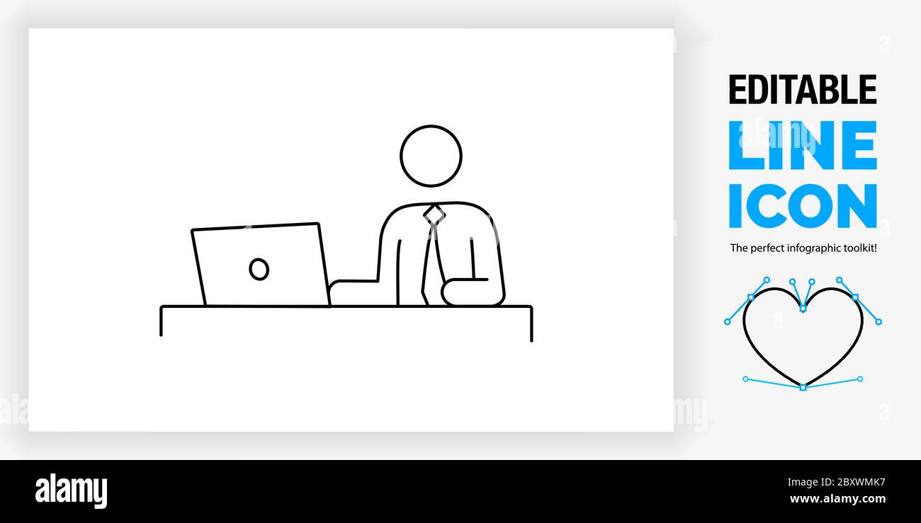 Editable line icon of a stick figure person on a computer sitting at ...