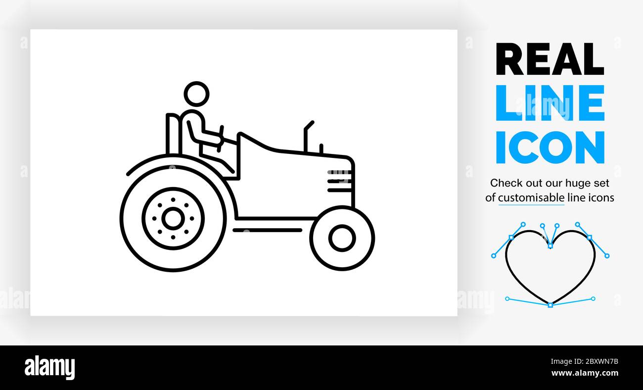 Editable real line icon of a farmer stick figure riding on his tractor ...
