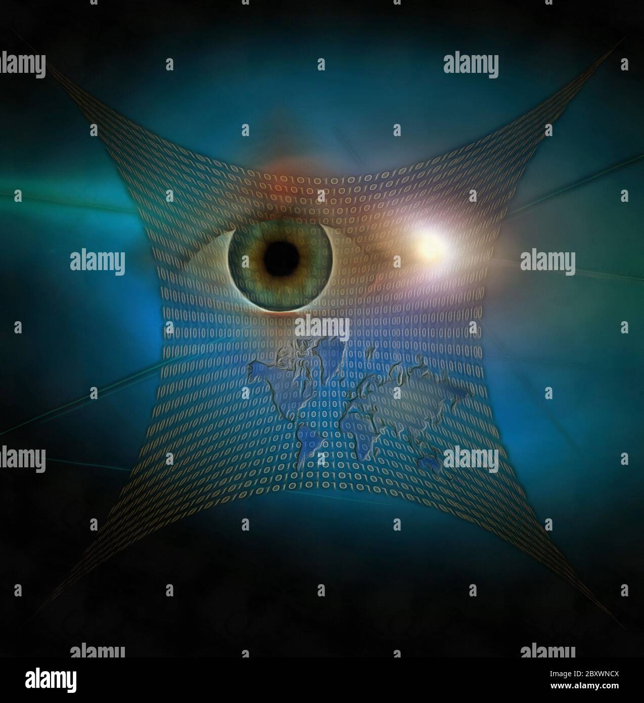 Surrealism. Giant eye and world's map behind veil of binary code Stock ...