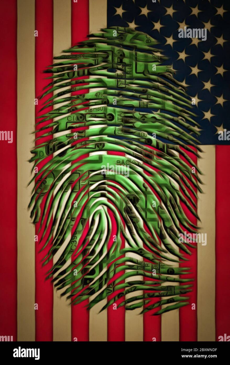 Modern art. Fingerprint with electric circuit pattern on the US flag ...