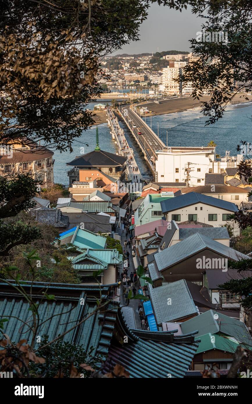 A view from Enoshima temple towards Henoshima city below Stock Photo ...