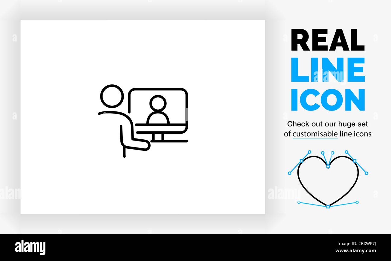 Editable real line icon of stick figure people working from home on ...