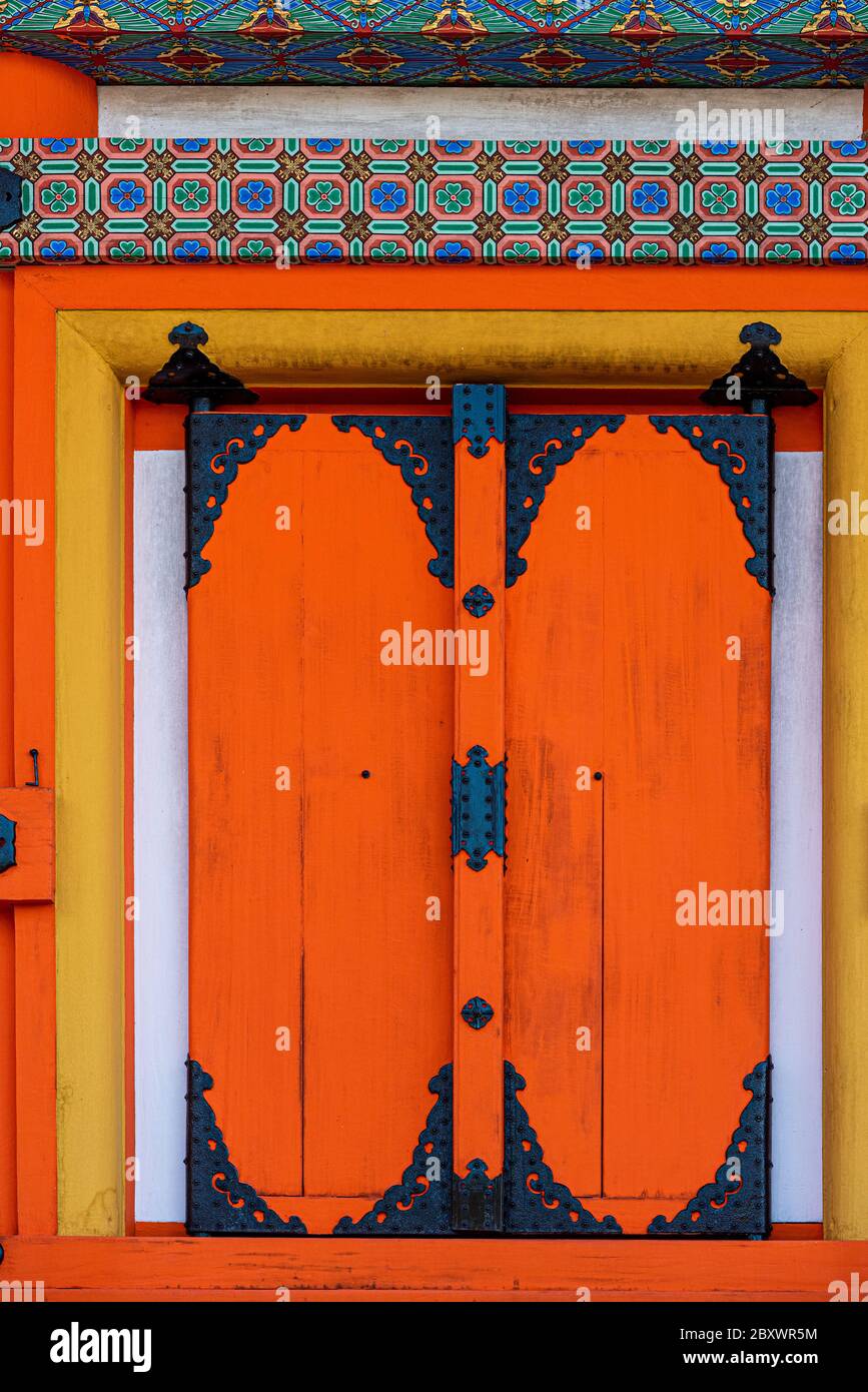 A detail of a decorated window at Kiyomizu-dera shrine in Kyoto, Japan ...