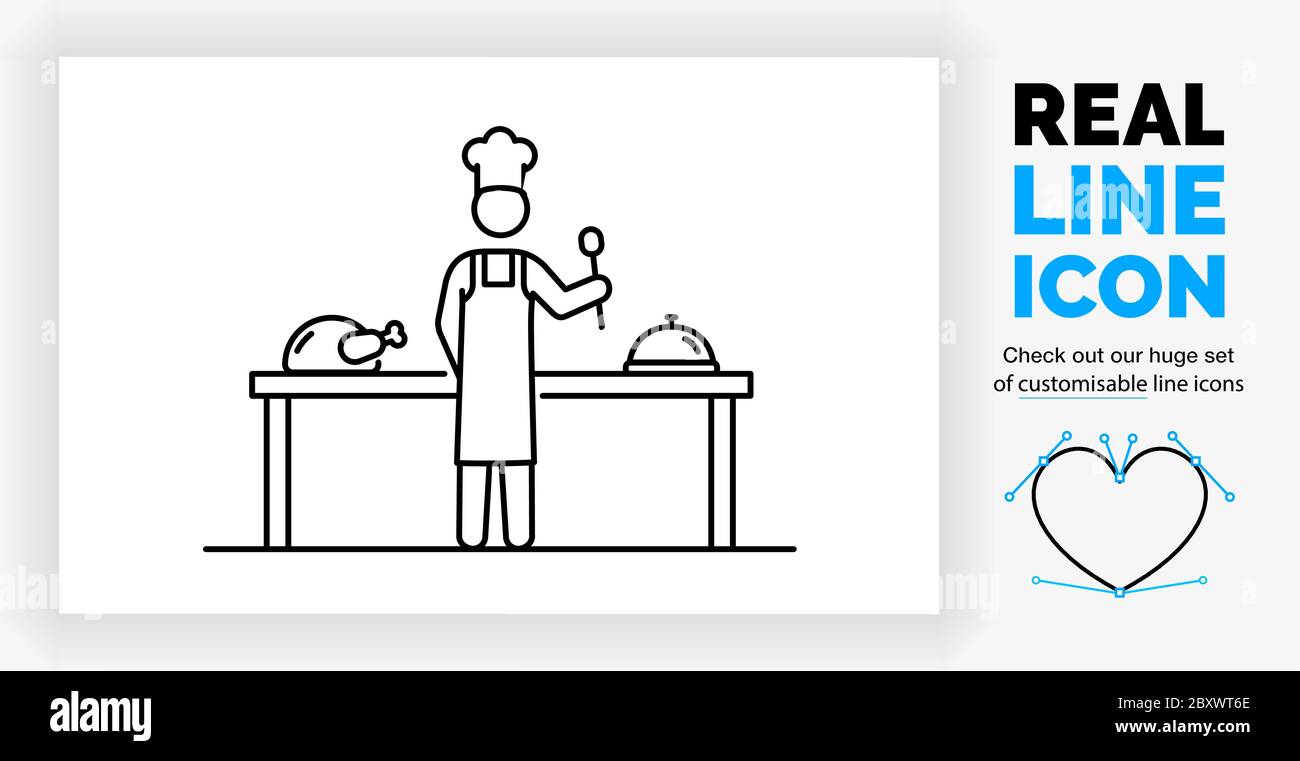 Editable real line icon of a stick figure chef cook in full body Stock ...