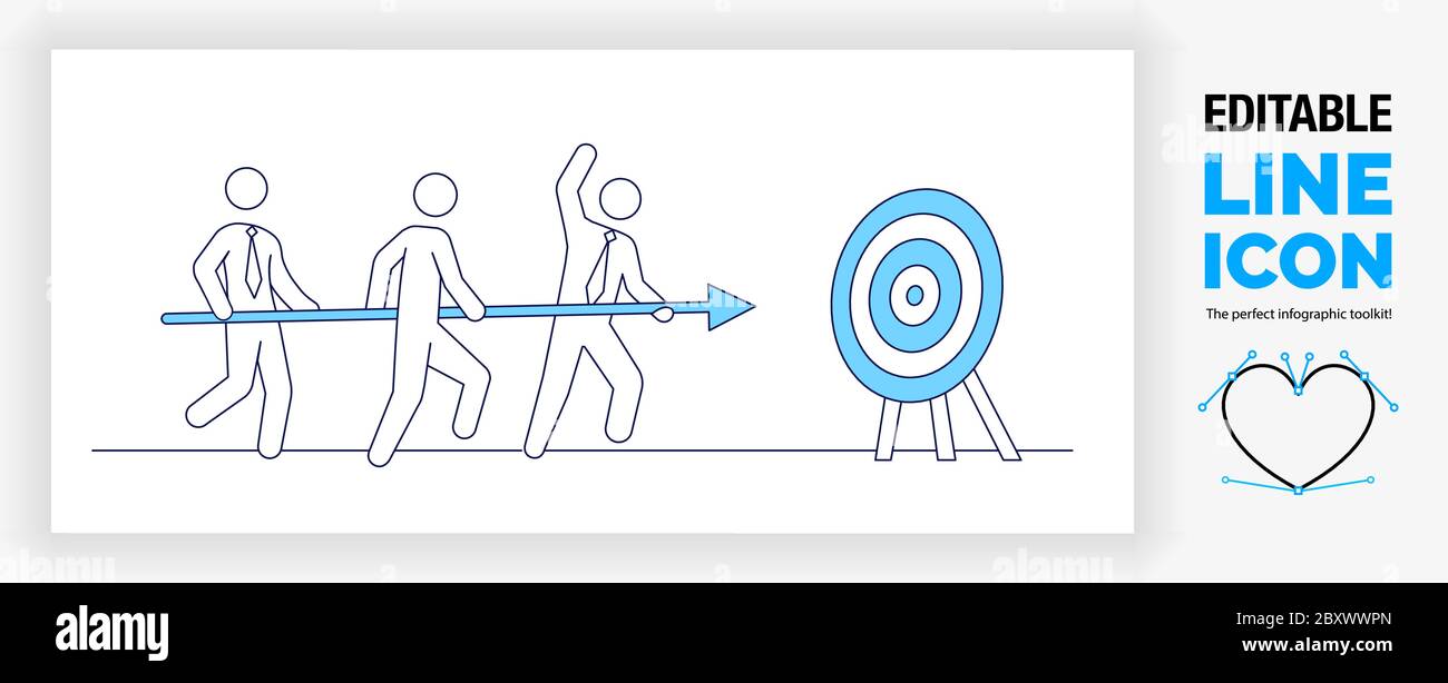 Editable blue line illustration of three business stick figure people ...