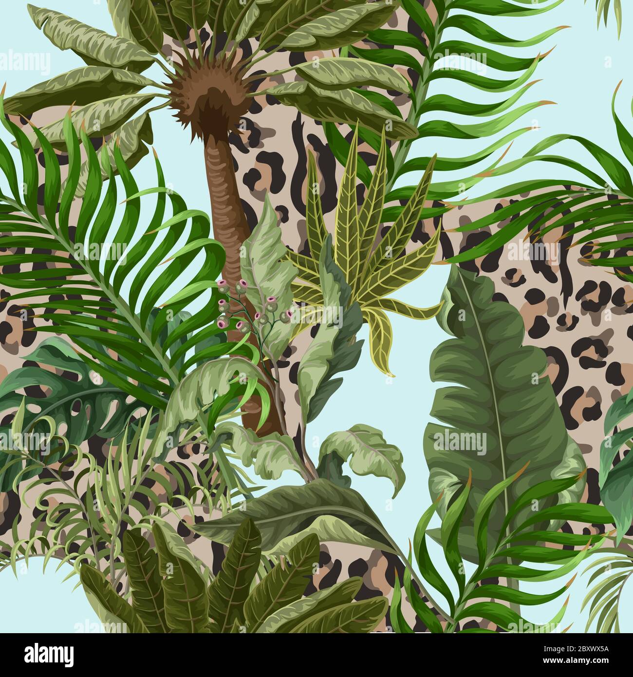 Seamless leopard skin pattern with tropical leaves. Vector Stock Vector ...