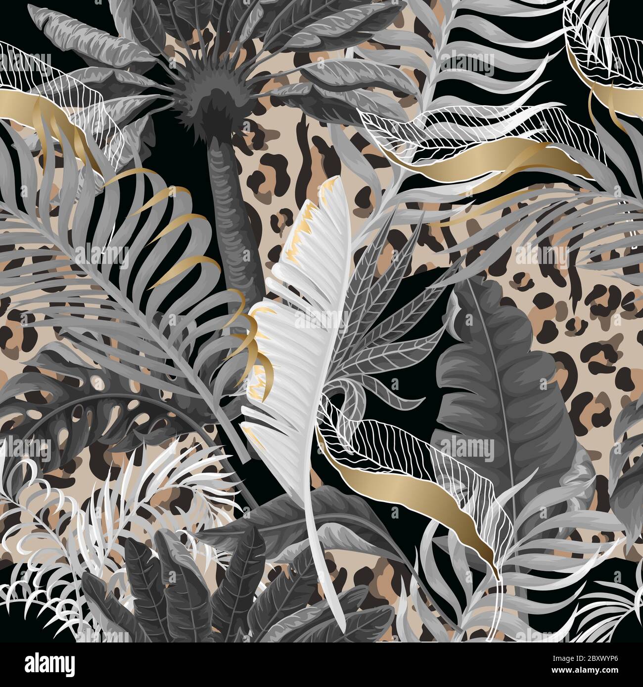 Seamless leopard skin pattern with tropical leaves. Vector Stock Vector ...