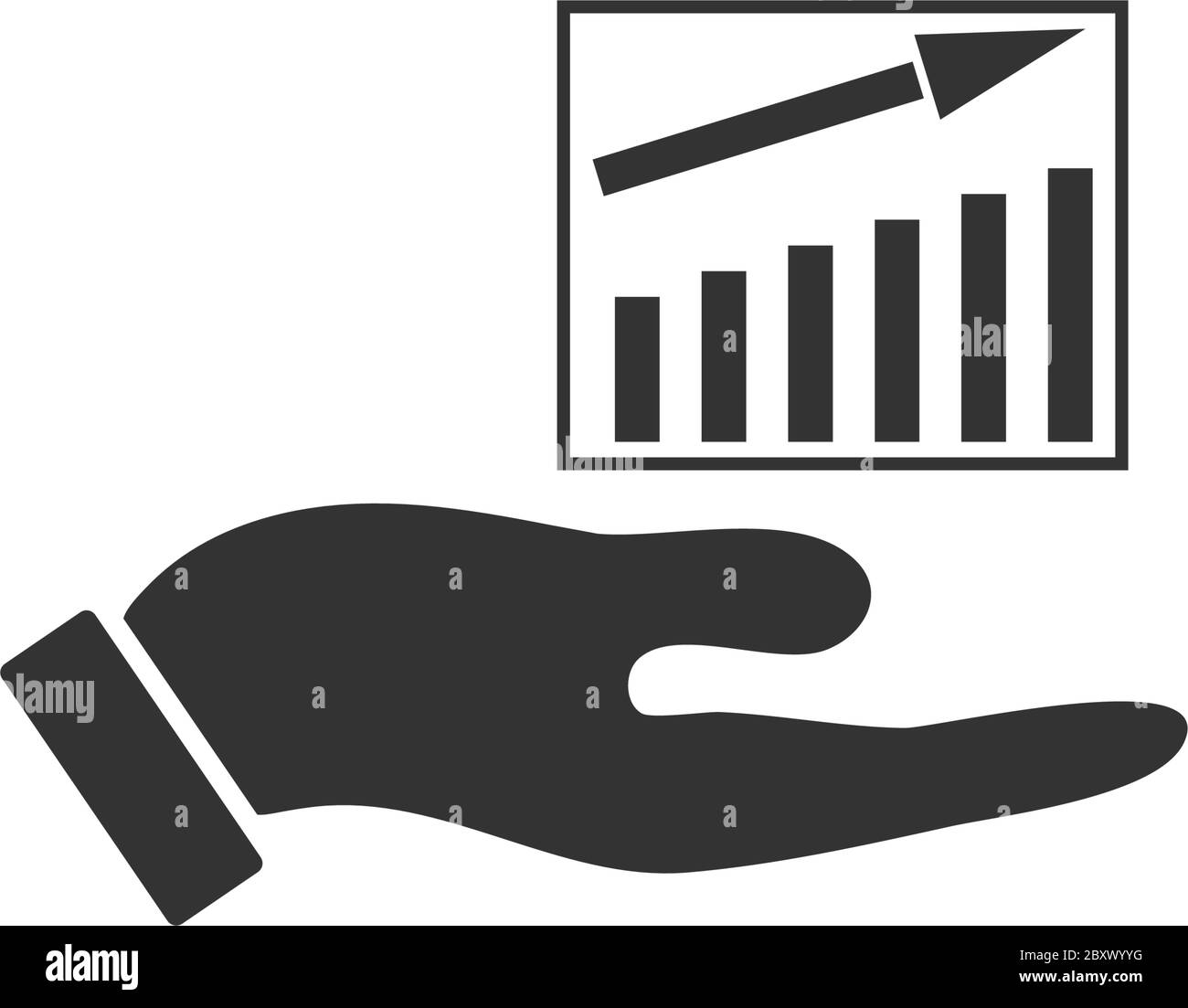 Growing graph holding by hand. Black Icon Flat on white background ...