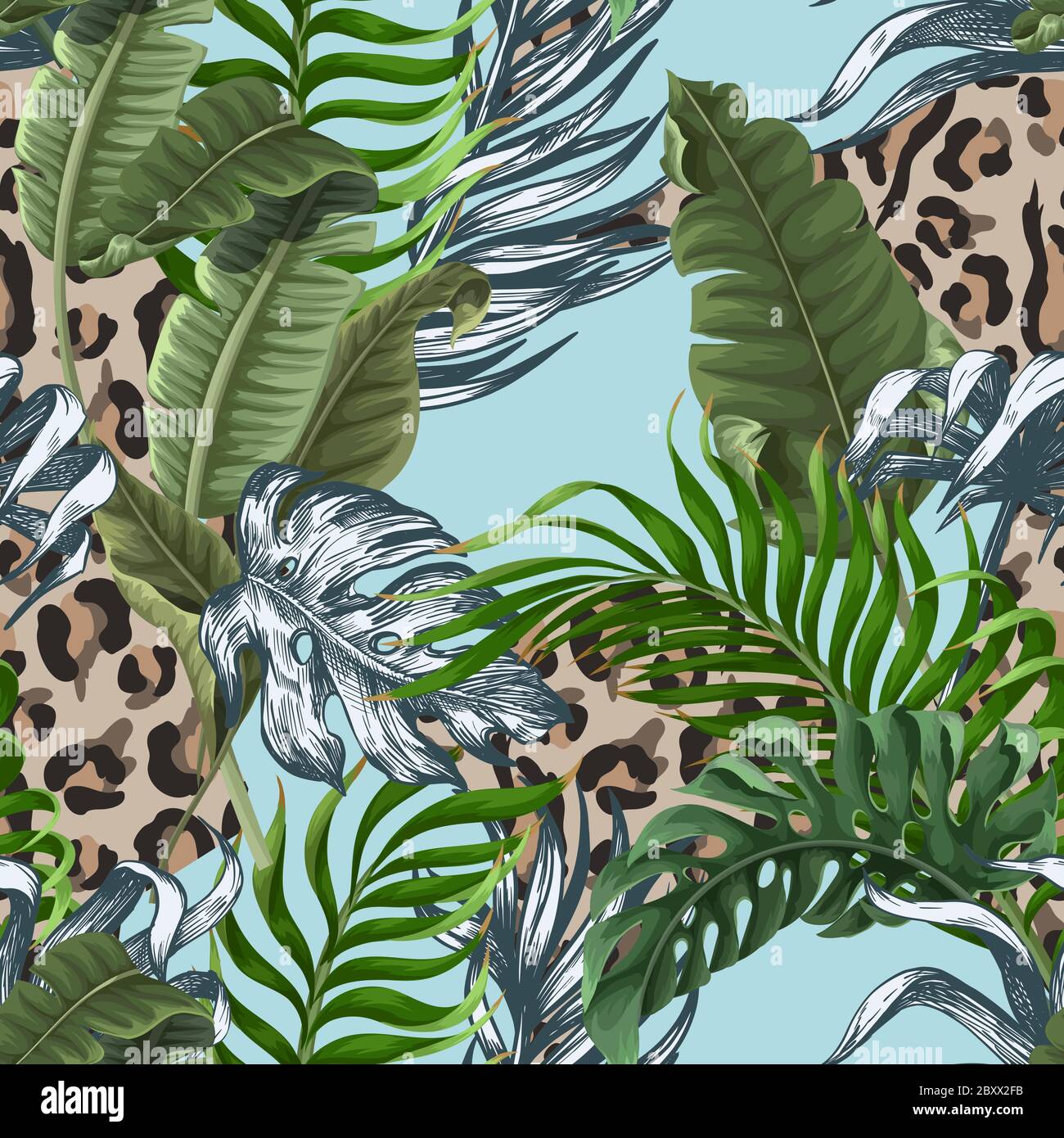 Seamless leopard skin pattern with tropical leaves. Vector Stock Vector ...