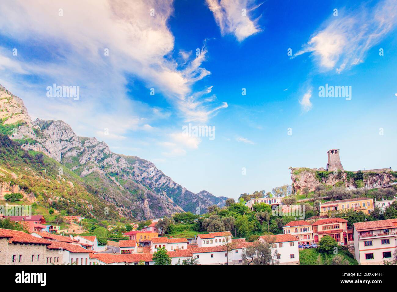 Beautiful view of the medieval town of Kruj at the top of the Sary ...