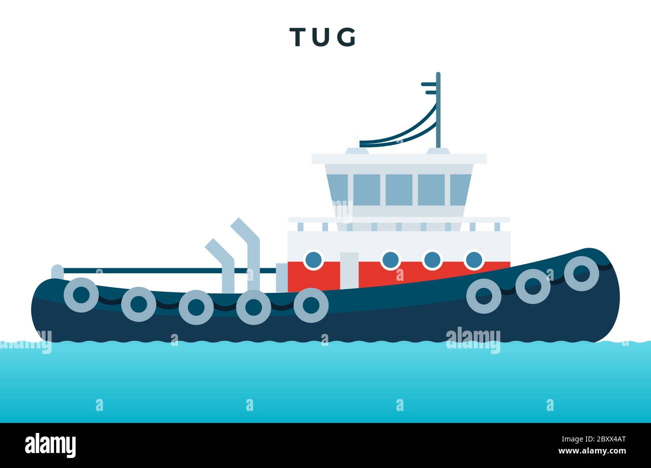 Blue and white tugboat on the waves vector icon flat isolated Stock ...