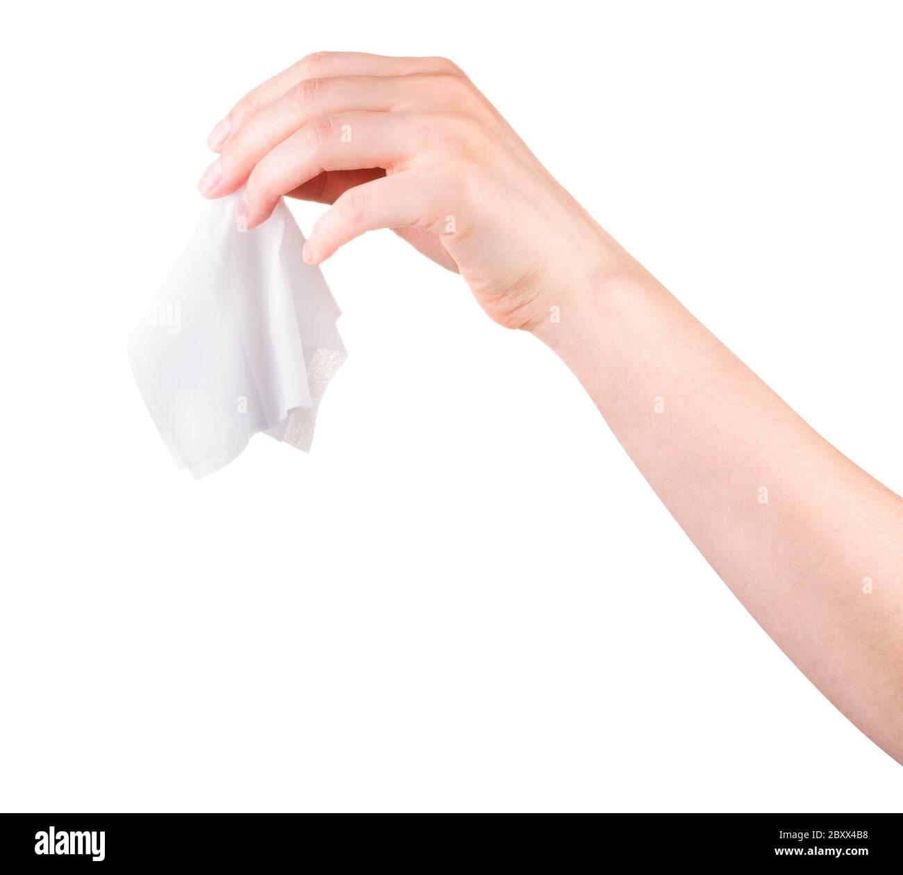 Woman hand use antibacterial wet wipes or tissue isolated on a white ...