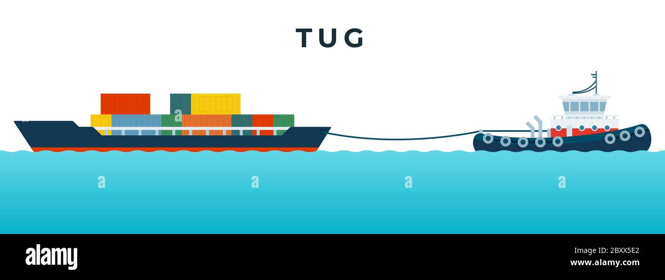 Tugboat designed to tow other vessels and container ship with ...