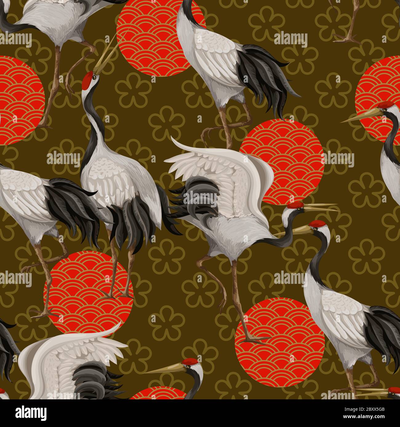 Seamless pattern with Japanese white cranes. Oriental wallpaper Stock ...