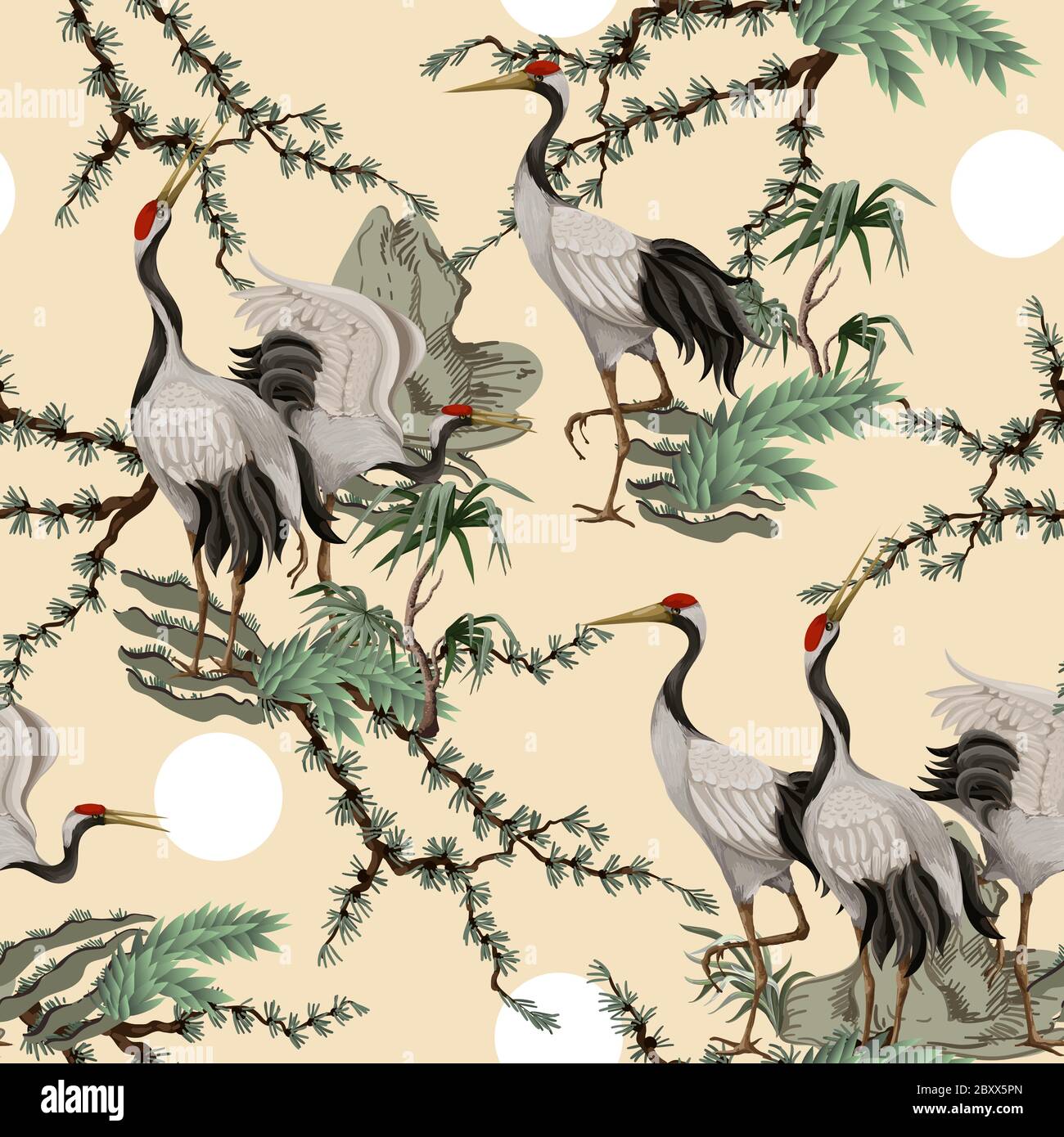 Seamless pattern with Japanese white cranes. Oriental wallpaper Stock ...